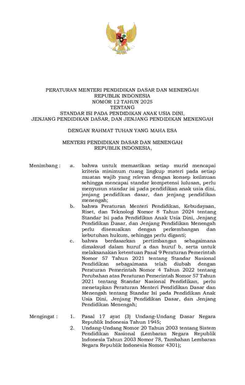 Peraturan Menteri Pendidikan Dasar dan Menengah No 12 tahun 2025 ...