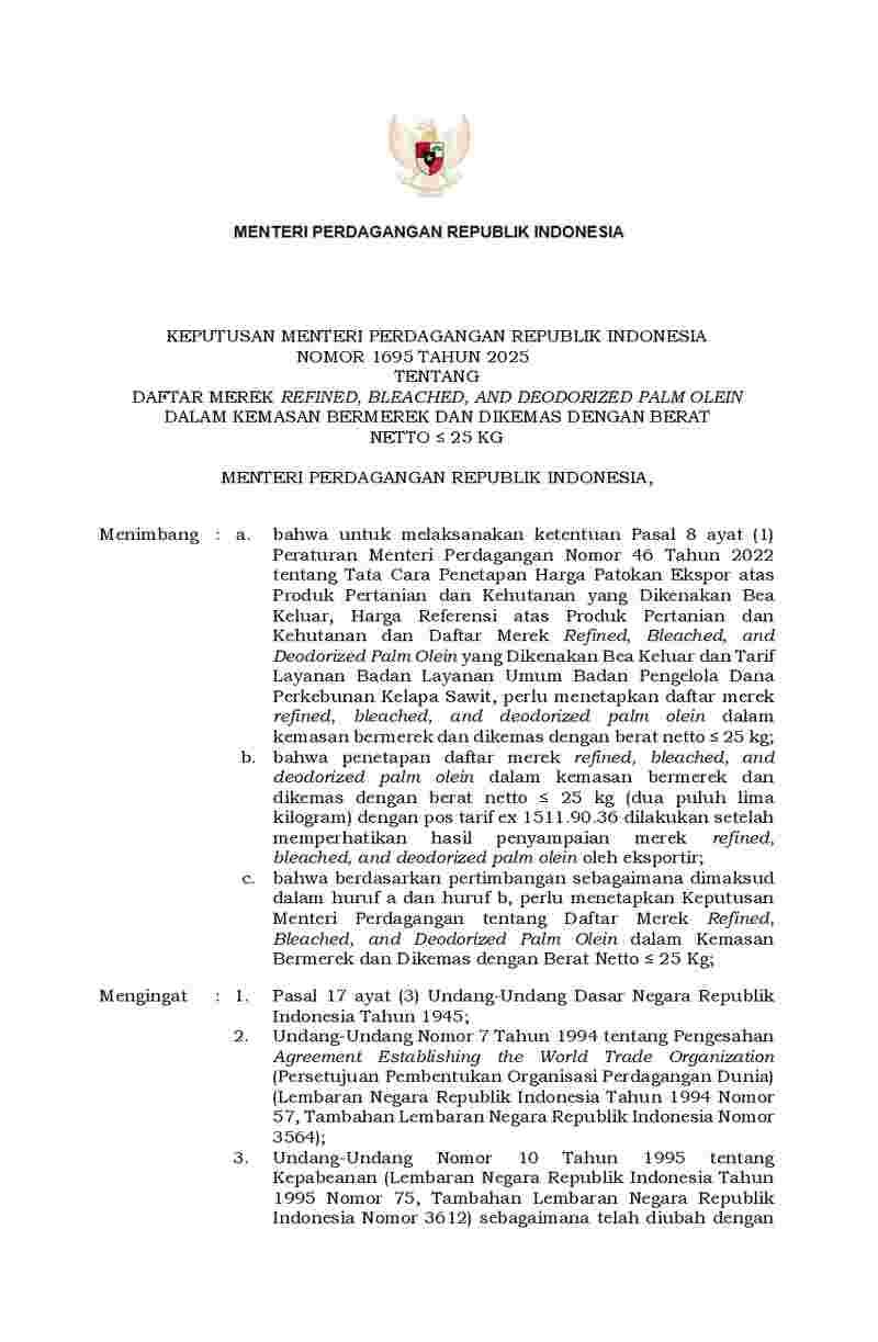 Keputusan Menteri Perdagangan No 1695 tahun 2025 tentang Daftar Merek ...