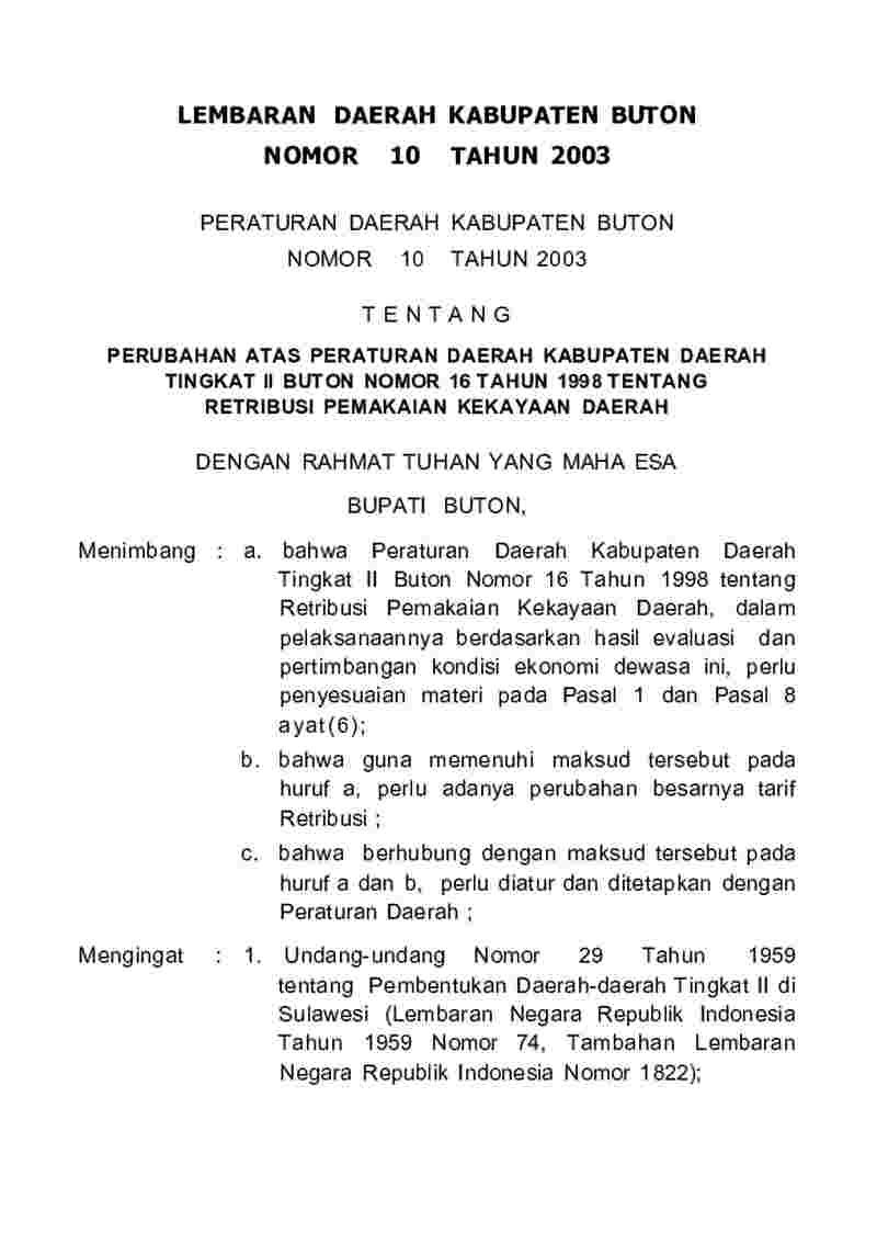 Peraturan Daerah Kabupaten Buton No 10 tahun 2003 tentang Perubahan ...