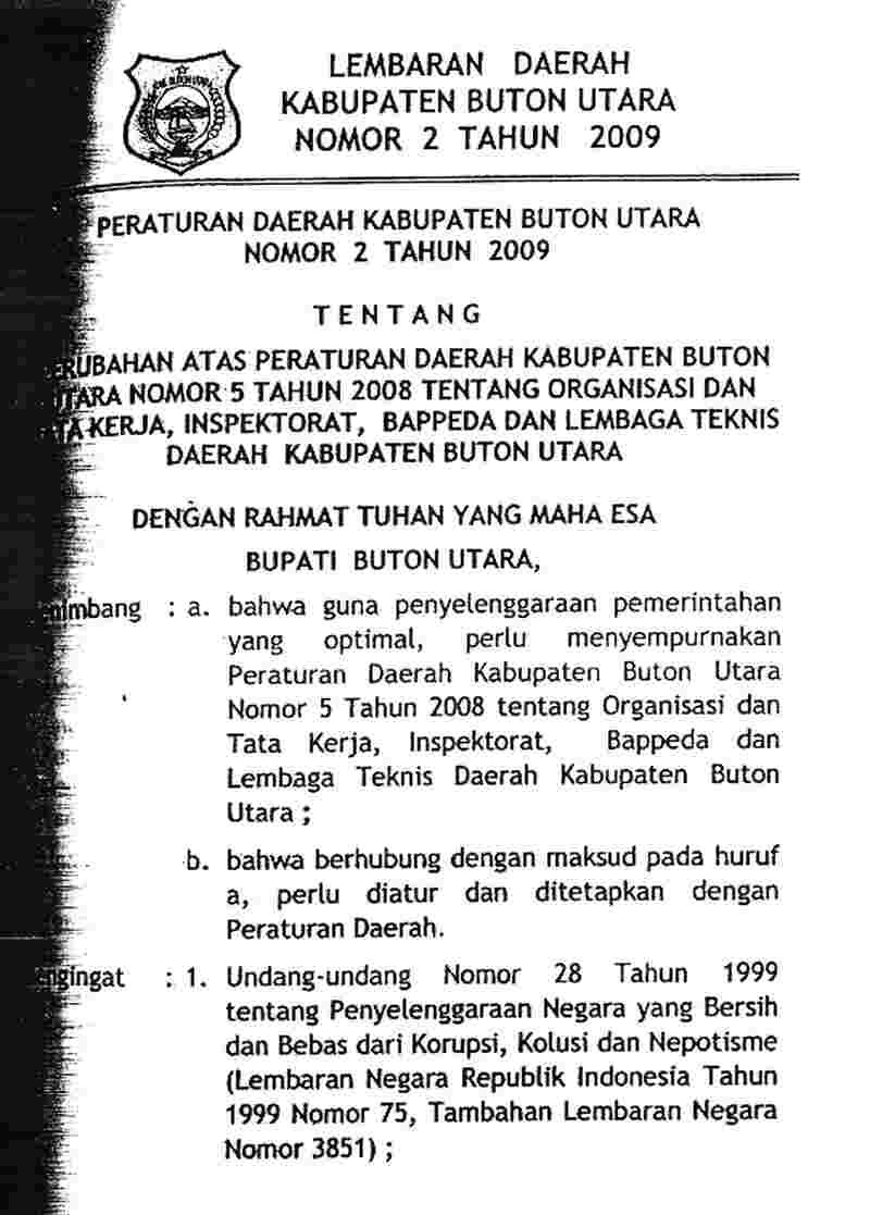 Peraturan Daerah Kabupaten Buton Utara No 2 tahun 2009 tentang ...