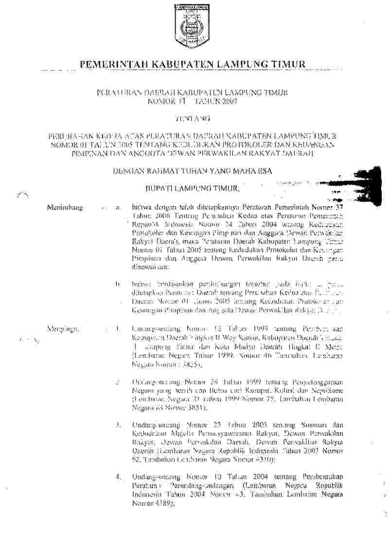 Peraturan Daerah Kabupaten Lampung Timur No 17 tahun 2007 tentang ...