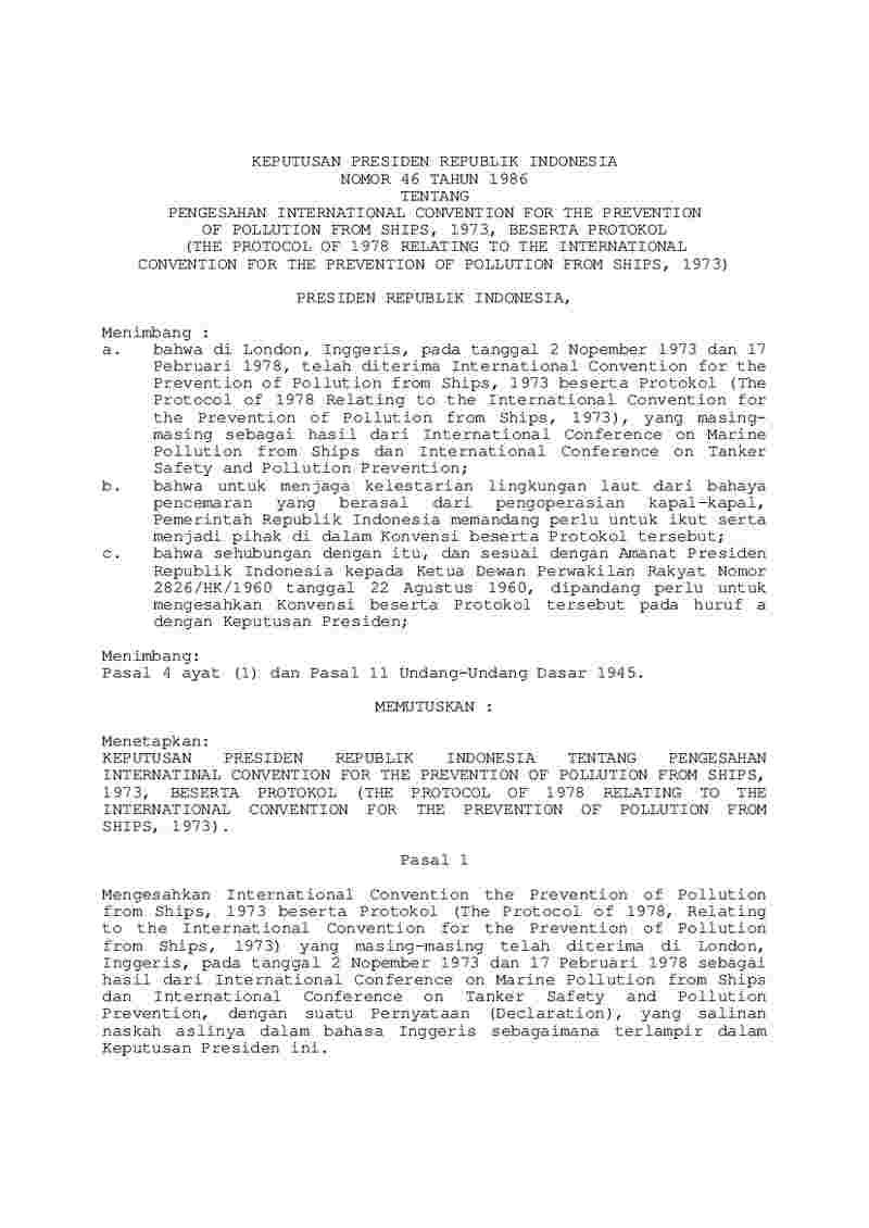 Keputusan Presiden No 46 tahun 1986 tentang Pengesahan International Convention For The ...
